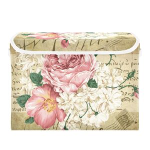 Shabby Chic Pink Rose Storage Bin with Lid Large Oxford Cloth Storage Boxes Foldable Home Cube Baskets Closet Organizers for Nursery Bedroom Office