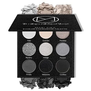 maki yika black grey smoky eyeshadow palette, matte black white gray silver high pigmented smokey eye shadow, 9 colors long lasting shimmer powder makeup palette for goth look (black)