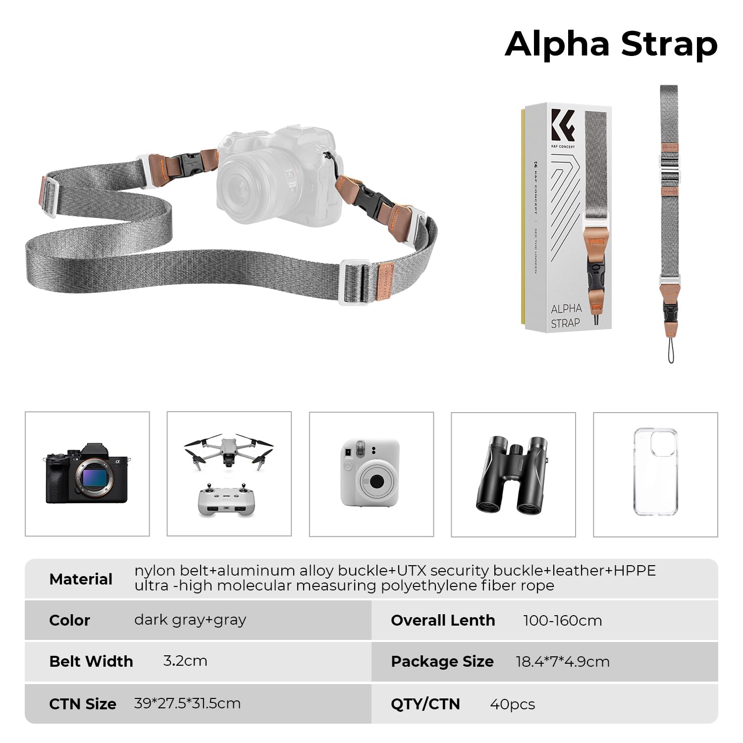 K&F Concept 32mm Camera Neck Strap for Photographers Camera Strap Quick Release Clip Adjustable Sling Strap Compatible for Nikon Canon Sony Olympus DSLR Camera Grey