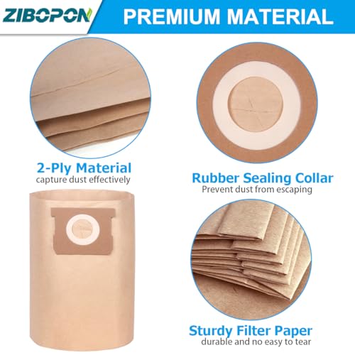 Zibopon 19-3100 Disposable Filter Bags Compatible with Stanley 5-6 Gallon Wet/Dry Vac: SL18115, SL18115P, SL18116, SL18116P, 2 Reusable Filters & 1 Retaining Band(8 Pack)