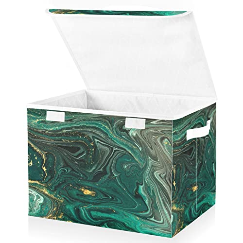 RunningBear Green Marble Large Storage Bins with Lid Collapsible Storage Bin Closet Organizers Foldable Storage Bins for Laundry Room Balcony