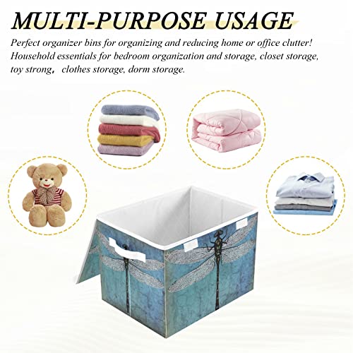 RunningBear Dragonfly Grunge Large Storage Bins with Lid Collapsible Storage Bin Storage Box Fabric Foldable Storage Organizer Containes for Home Nursery Closet