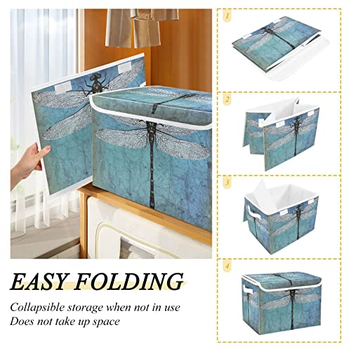 RunningBear Dragonfly Grunge Large Storage Bins with Lid Collapsible Storage Bin Storage Box Fabric Foldable Storage Organizer Containes for Home Nursery Closet