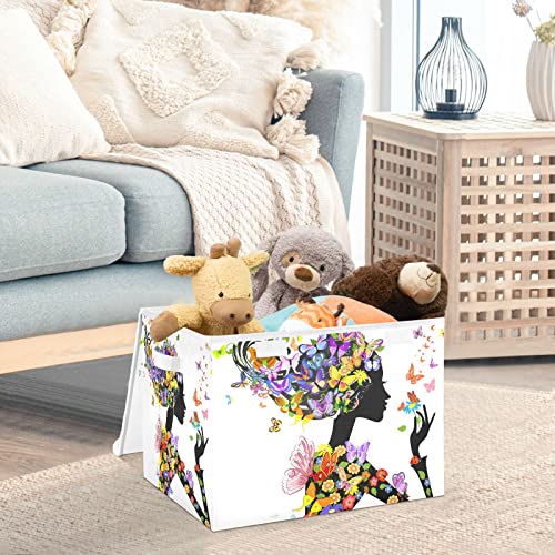 RunningBear Flowers Girl Butterflies Large Storage Bins with Lid Collapsible Storage Bin Storage Organizer Bin Cute Bin for Shelf Closet Nursery Home