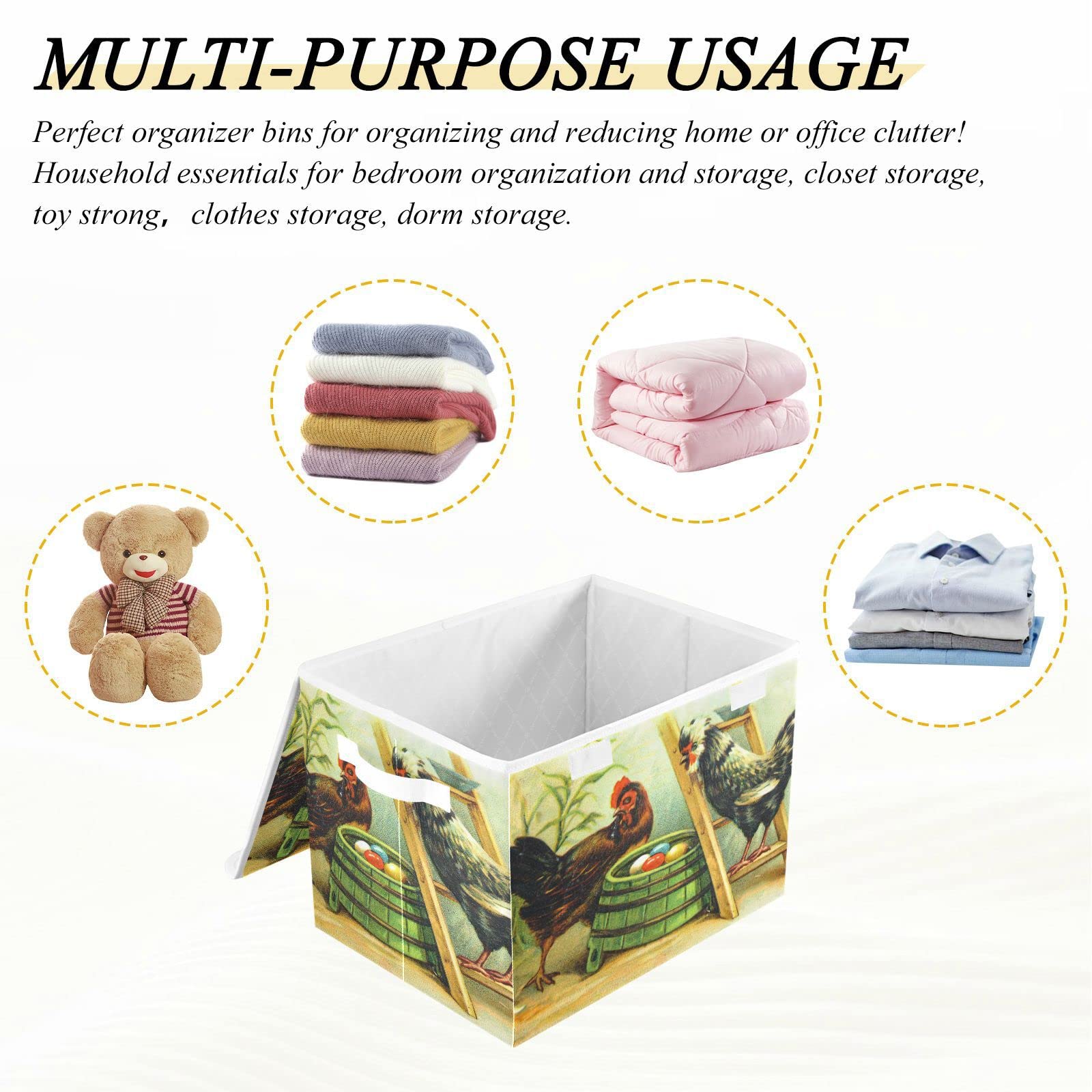 RunningBear Rooster Egg Large Storage Bins with Lid Collapsible Storage Bin Cube Basket Organizer Fabric Storage Baskets for Clothes Towels Magazine