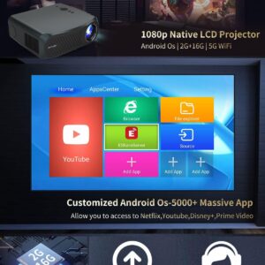 Android 4K Projector Outdoor with 5G WiFi Bluetooth, Native 1080p Home Theater Daytime Projector Auto Keystone, 2+16G Smart Streaming Proyector For Netflix,TV Stick,PS5,DVD,HDMI,USB,PPT