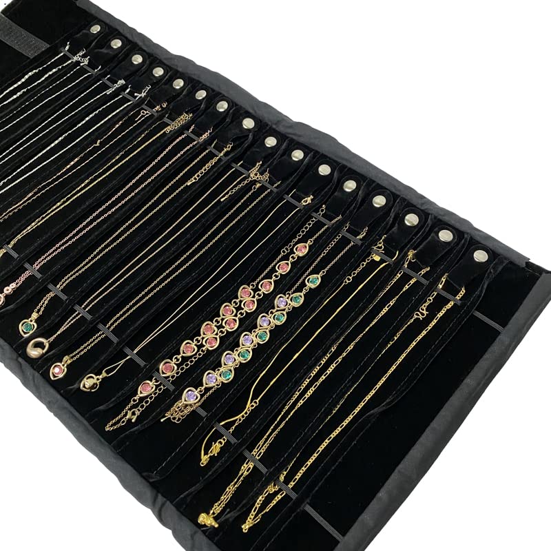 SCIKHEFT Portable Jewelry Roll Untangled Secure Necklace Travel Storage Bag Displays Holder 16 Chain (black velvet)