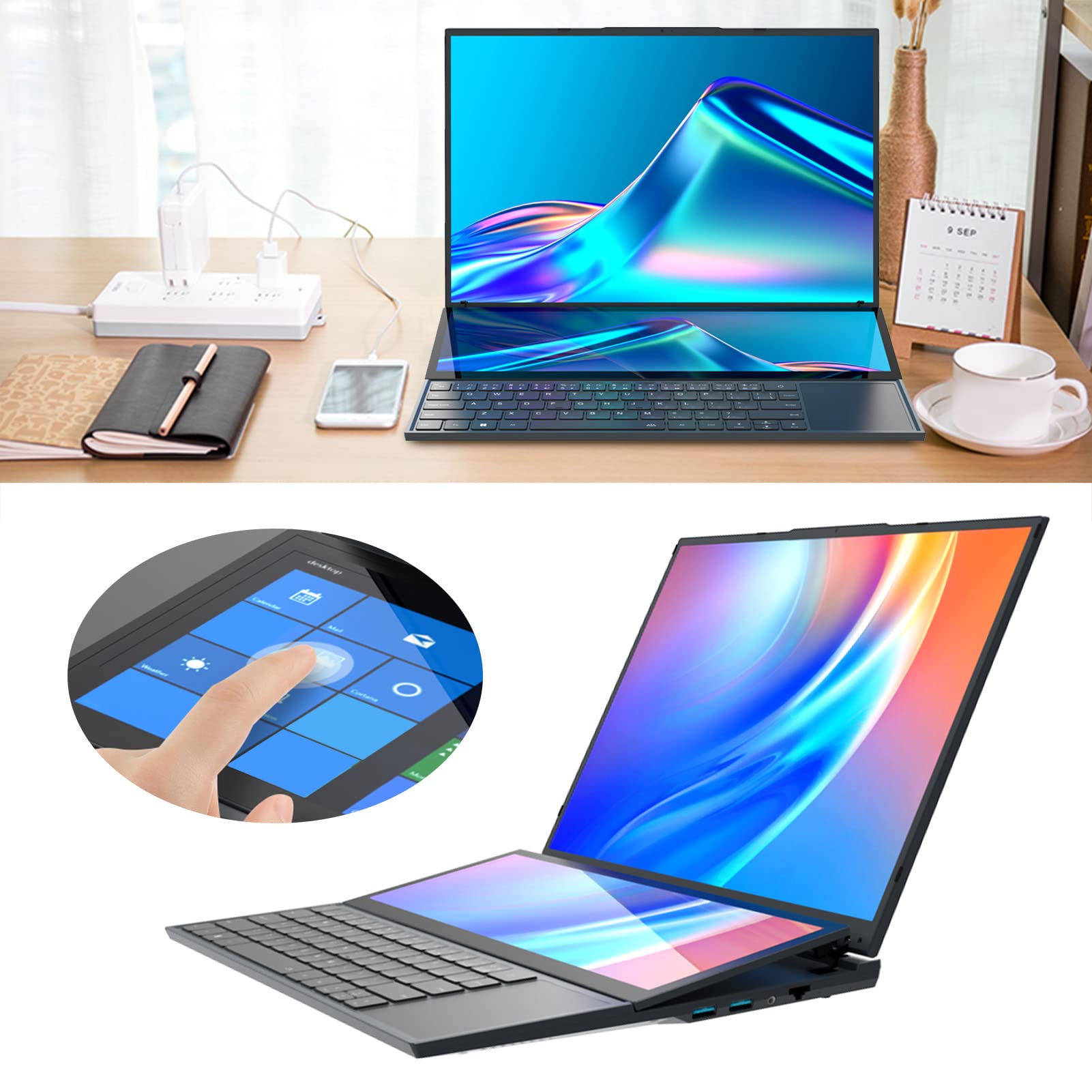 CUIFATI FHD Dual Screen Laptop with 14in Touch Screen, Win11 Laptop 8GB DDR4 RAM 1TB NVMe M.2 SSD Office Gaming Laptop Dual Use Laptop for Intel Core I7 (US Plug)