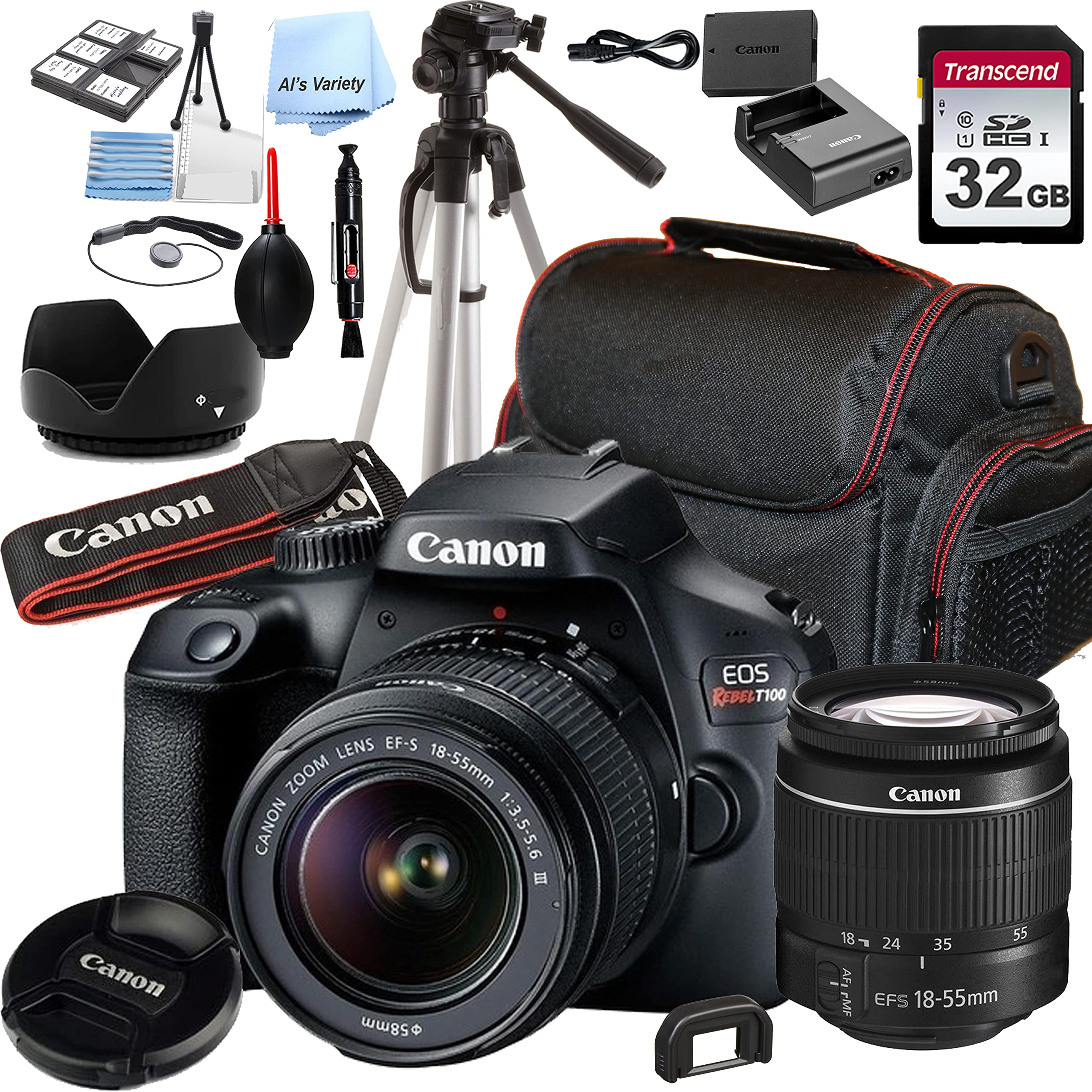 Canon EOS Rebel T100 DSLR Camera w/EF-S 18-55mm F/3.5-5.6 Zoom Lens + 32GB Memory + Case + Tripod + Filters (20pc Bundle)