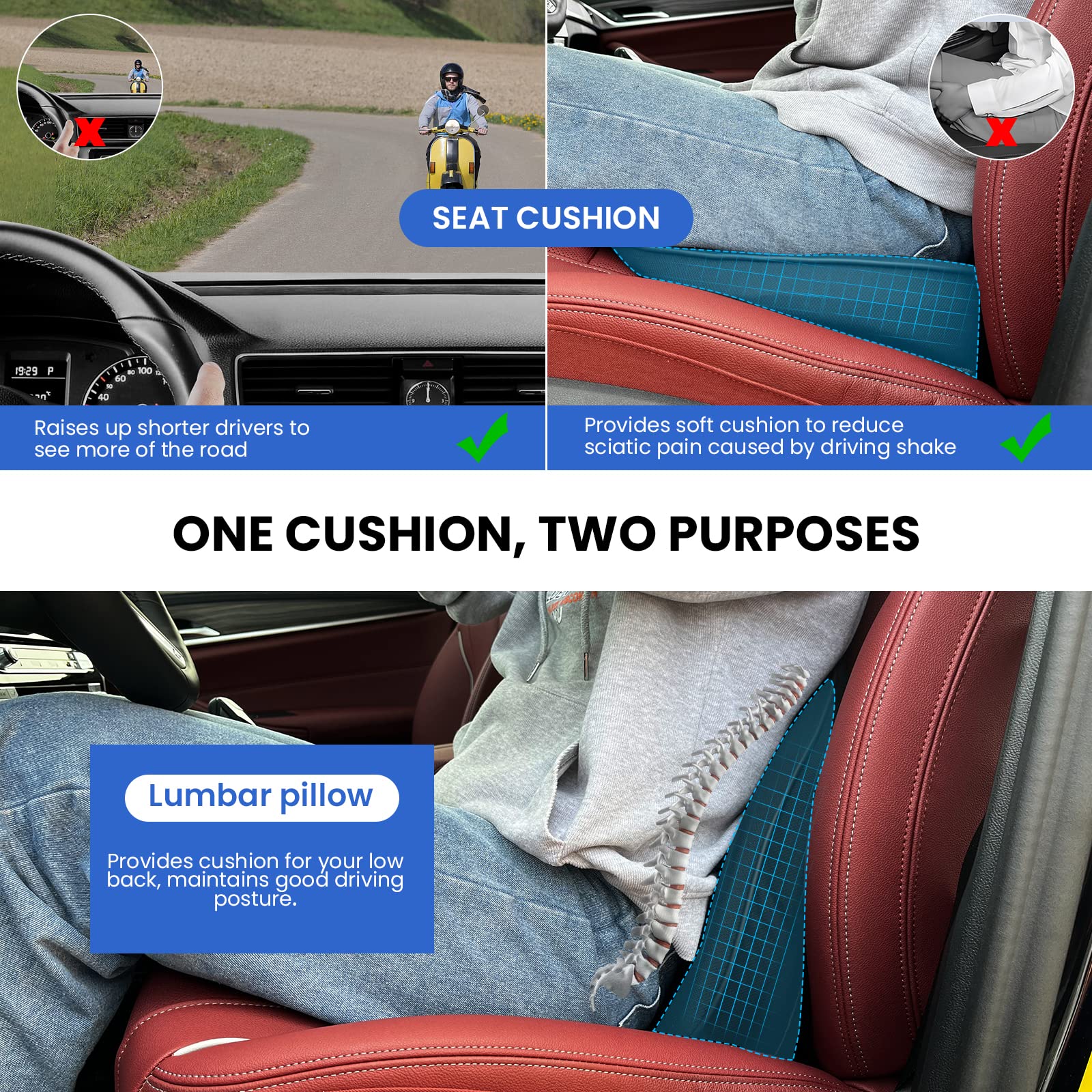 au-kee Car Seat Cushion Memory Foam Lower Back Lumbar Pad Pain Relief for Driving Black 1PC