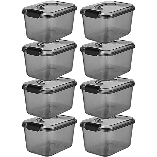 YYXB Black Latch Box/Bins with Handle and Lid, 8-Pack Plastic Clear Stackable Latching Box for Storage, Multi-Purpose, 5L/5.5 Quart