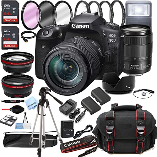 Canon EOS 90D DSLR Camera w/EF-S 18-135mm USM Zoom Lens + 128GB Memory + Case + Tripod + Filters (36pc Bundle)