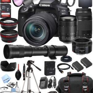 Canon EOS 90D DSLR Camera w/EF-S 18-135mm USM Zoom Lens + 75-300mm F/4-5.6 III Lens EF 50mm f/1.8 STM Lens + 420-800mm Super Telephoto Lens + 128GB Memory (42pc Extreme Bundle)