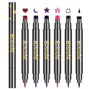 erinde 6 colors double-headed liquid eyeliner stamp pen set, blue red pink purple green black colorful winged eye liners for women, waterproof long-lasting star moon heart eye face makeup