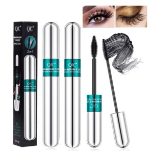 2 pack lash cosmetics mascara 5x longer lash mascara, 2 in 1 black mascara waterproof mascara volume and length eye cosmetics long-lasting natural liquid eyelash mascara black makeup