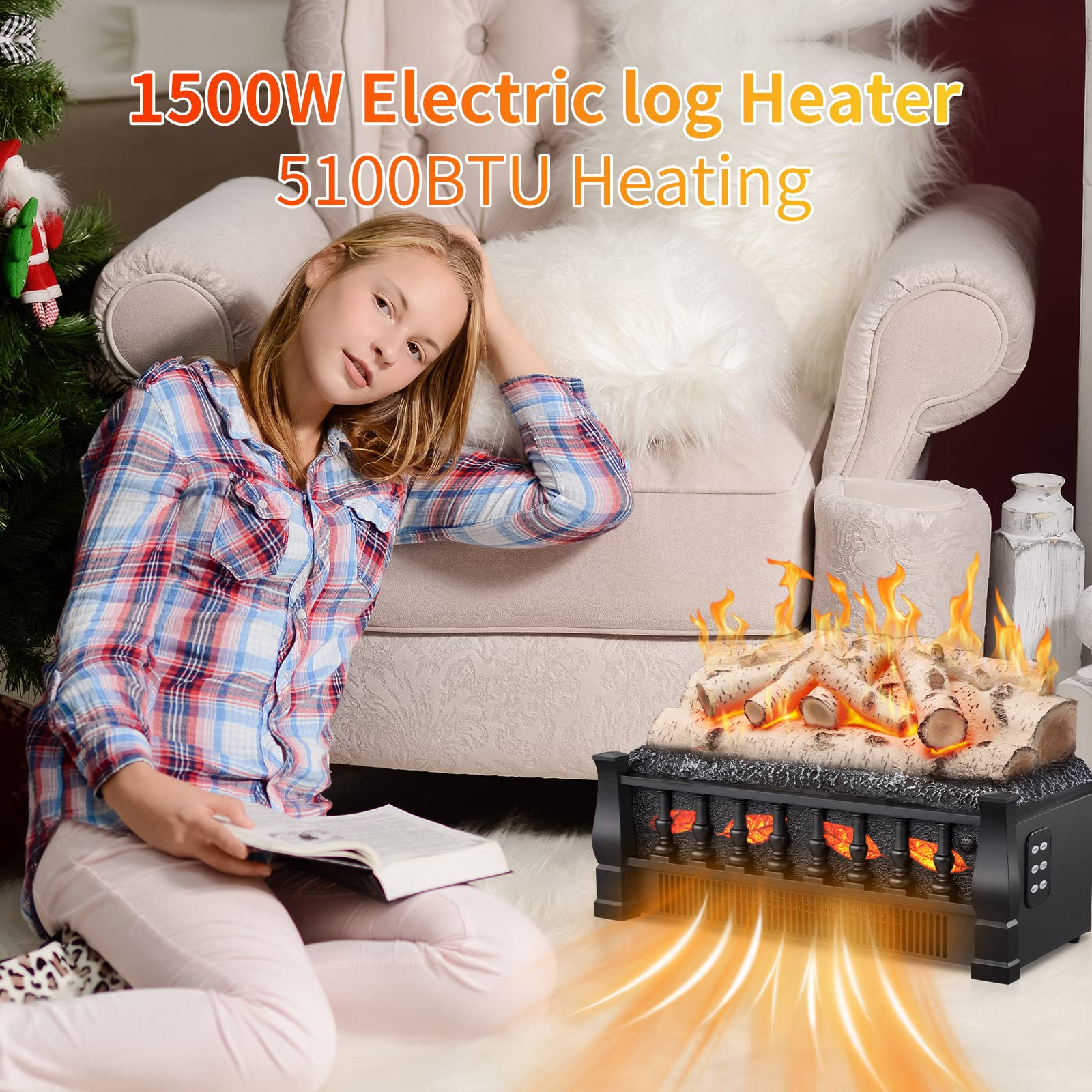 Electric Fireplace Log Heater, Realistic Flame and Ember Bed, Portable, Infrared, Thermostat 750W/1500W…