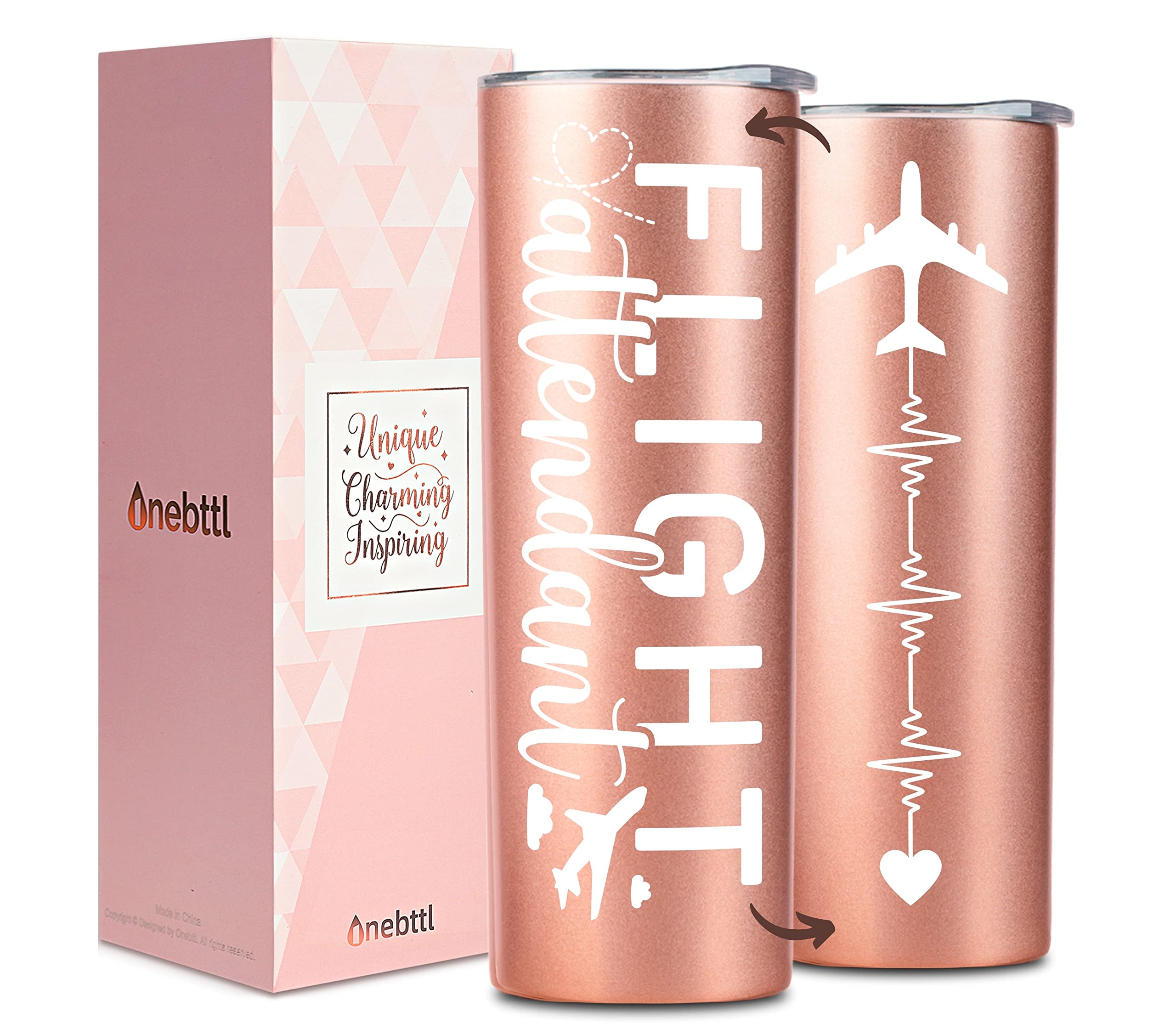 Onebttl Unique Flight Attendant Gifts for Women, Female Cabin Crew Members - Birthday, Holiday, Christmas gifts for Flight Attendant - 20 oz SS304 Rose Gold Stainless Steel Tumbler with Lid and Straw