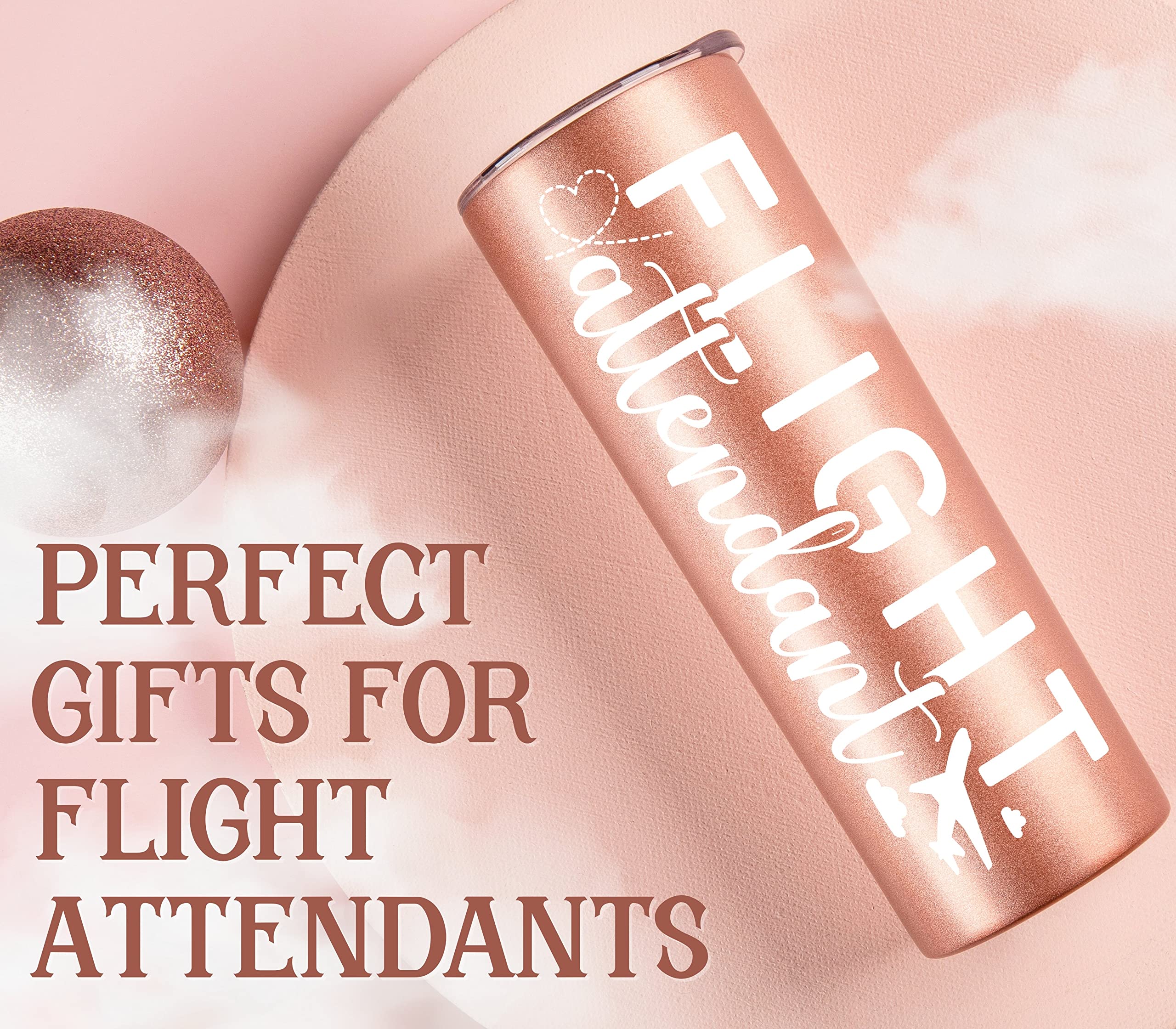 Onebttl Unique Flight Attendant Gifts for Women, Female Cabin Crew Members - Birthday, Holiday, Christmas gifts for Flight Attendant - 20 oz SS304 Rose Gold Stainless Steel Tumbler with Lid and Straw