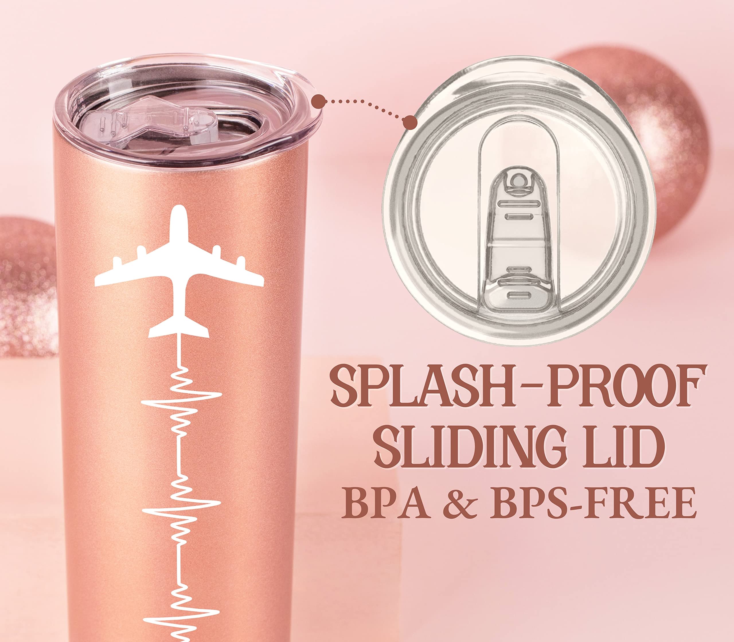 Onebttl Unique Flight Attendant Gifts for Women, Female Cabin Crew Members - Birthday, Holiday, Christmas gifts for Flight Attendant - 20 oz SS304 Rose Gold Stainless Steel Tumbler with Lid and Straw