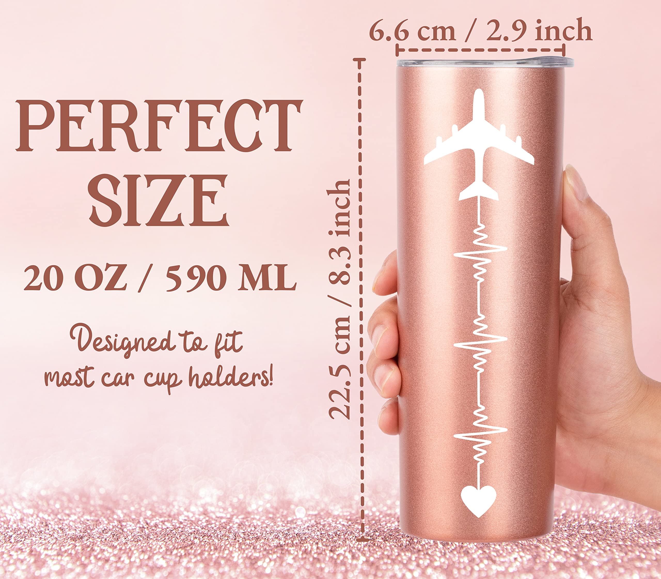 Onebttl Unique Flight Attendant Gifts for Women, Female Cabin Crew Members - Birthday, Holiday, Christmas gifts for Flight Attendant - 20 oz SS304 Rose Gold Stainless Steel Tumbler with Lid and Straw