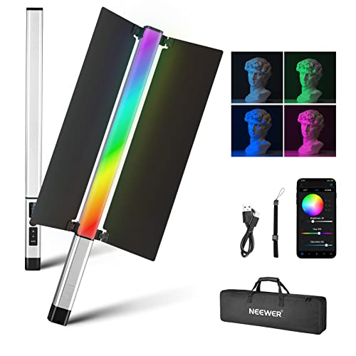 NEEWER CL124 RGB Handheld LED Light Stick Video Light Wand with APP Control & Metal Barndoor, 360°Full Color 16W 2500K-10000K CRI97+ Photography Tube Lighting with 17 Preset Scenes 2600mAh Battery