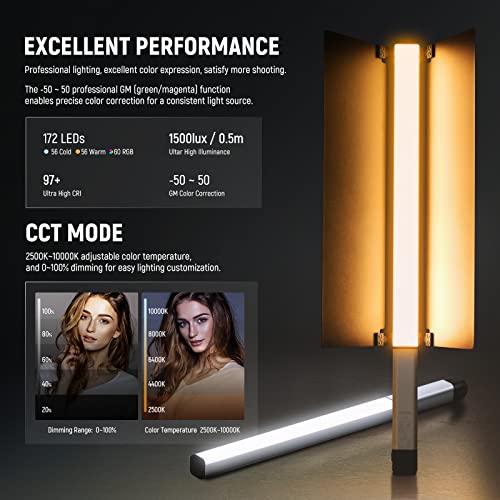 NEEWER CL124 RGB Handheld LED Light Stick Video Light Wand with APP Control & Metal Barndoor, 360°Full Color 16W 2500K-10000K CRI97+ Photography Tube Lighting with 17 Preset Scenes 2600mAh Battery