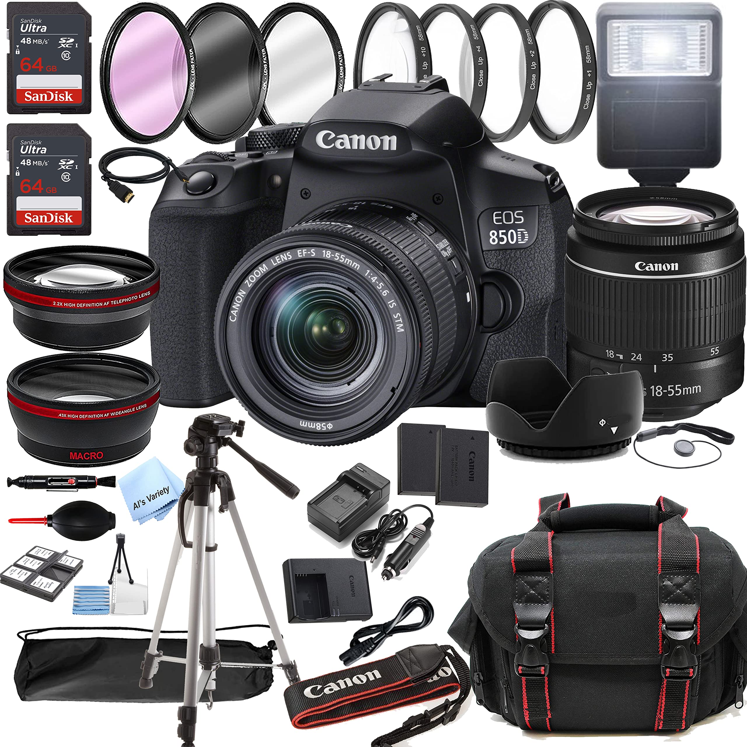 Canon EOS 850D (Rebel T8i) DSLR Camera w/EF-S 18-55mm F/4-5.6 is STM Zoom Lens + 128GB Memory + Case + Tripod + Filters (36pc Bundle)