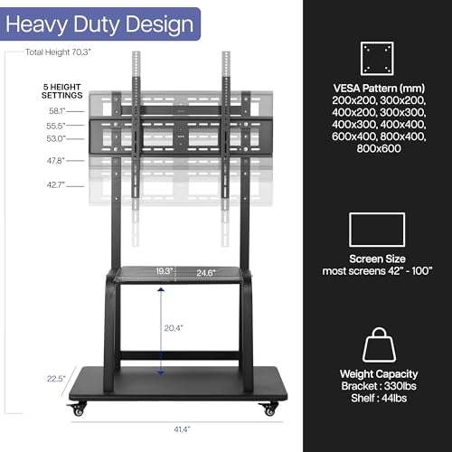 VIVO Heavy Duty Mobile TV Cart for 42 to 100 inch Screens up to 330 lbs, LCD LED OLED 4K Smart Flat and Curved Panels, Max 800x600 VESA, Metal AV Shelf, Locking Casters, Black, STAND-TV100C