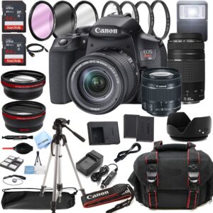 canon eos rebel t8i dslr camera w/ef-s 18-55mm f/4-5.6 is stm zoom lens + 75-300mm f/4-5.6 iii lens + 128gb memory + case + tripod + filters (38pc bundle)