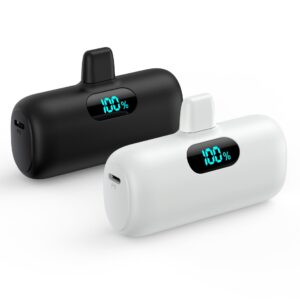 [2 pack]mini portable charger 5000mah,ultra-compact 15w pd fast charging power bank,lcd display cute battery pack backup charger compatible with iphone 14/14 pro max/13/13 pro/12/xr/8/7/6-black+white