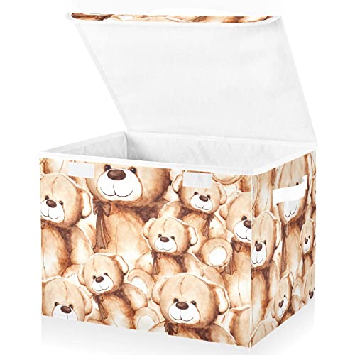 DOMIKING Lovely Teddy Bear Large Storage Bin with Lid Collapsible Shelf Baskets Box with Handles Closet Organizer for Clothes Toy Gift Storage