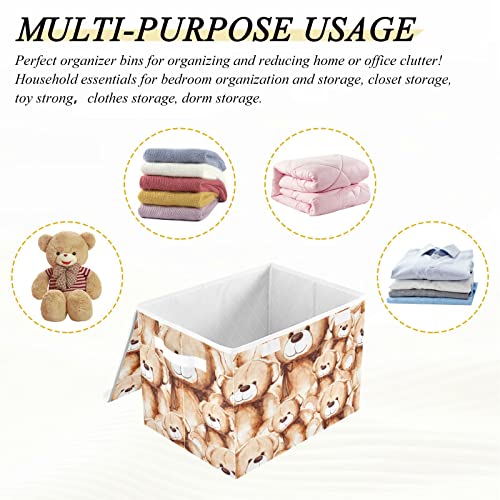 DOMIKING Lovely Teddy Bear Large Storage Bin with Lid Collapsible Shelf Baskets Box with Handles Closet Organizer for Clothes Toy Gift Storage