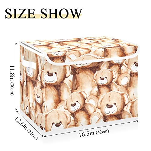 DOMIKING Lovely Teddy Bear Large Storage Bin with Lid Collapsible Shelf Baskets Box with Handles Closet Organizer for Clothes Toy Gift Storage