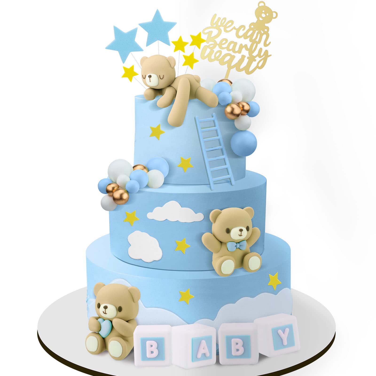 41 Pcs/Set Bear Cake Toppers Mini Bear Cake Decorations Cake Toppers Gold White Pearl Ball for Boy Girl Baby Shower Birthday Party Decorations(Blue, Brown, Cute Style)