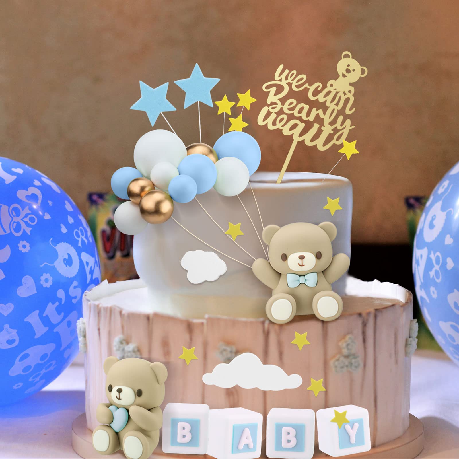 41 Pcs/Set Bear Cake Toppers Mini Bear Cake Decorations Cake Toppers Gold White Pearl Ball for Boy Girl Baby Shower Birthday Party Decorations(Blue, Brown, Cute Style)