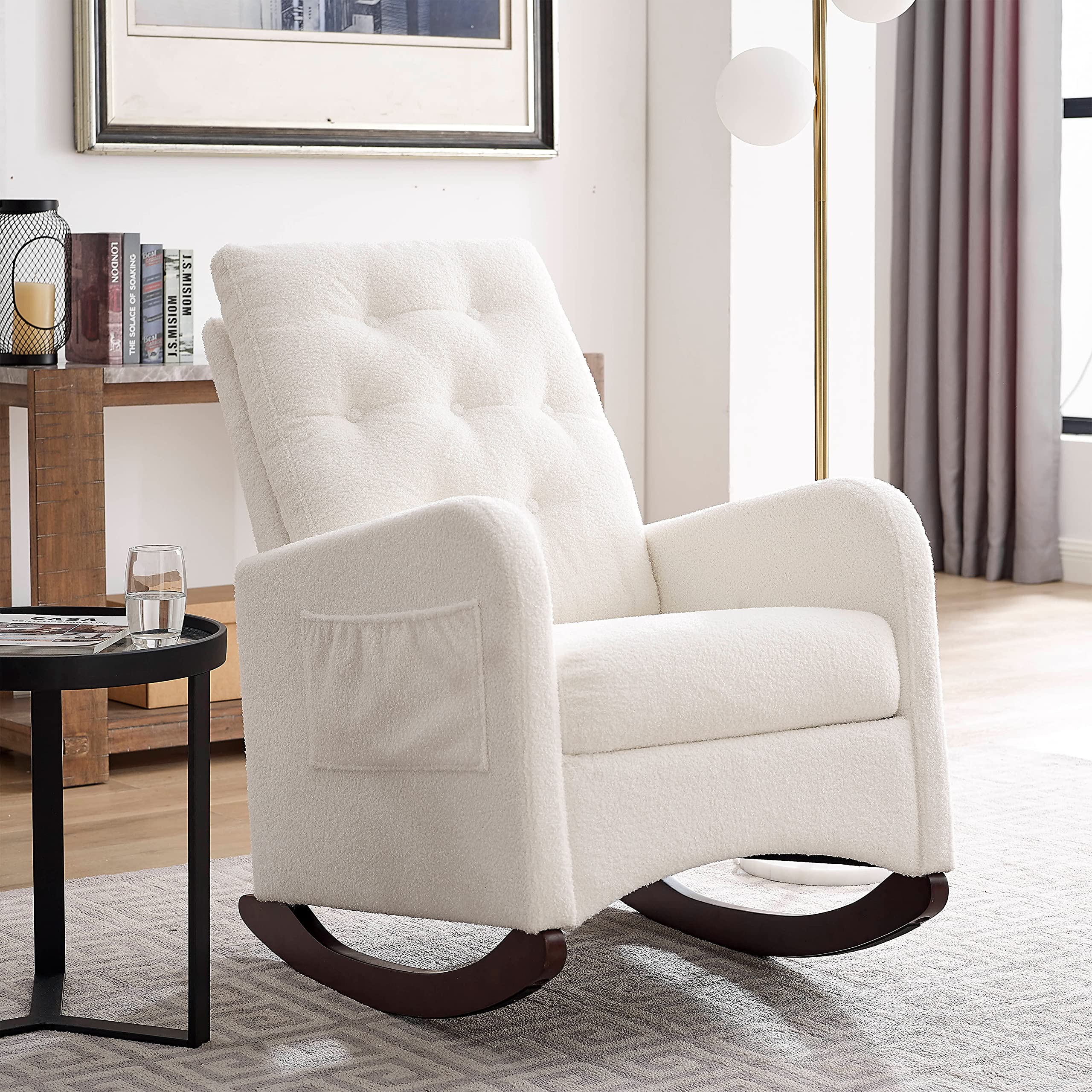 Modern Accent Rocking Chair, Button Tufted Upholstered Glider Rocker for Nursery, Comfy Armchair with Side Pocket, Lounge Chair with High Backrest for Living Room, Bedroom, Office (White Teddy)