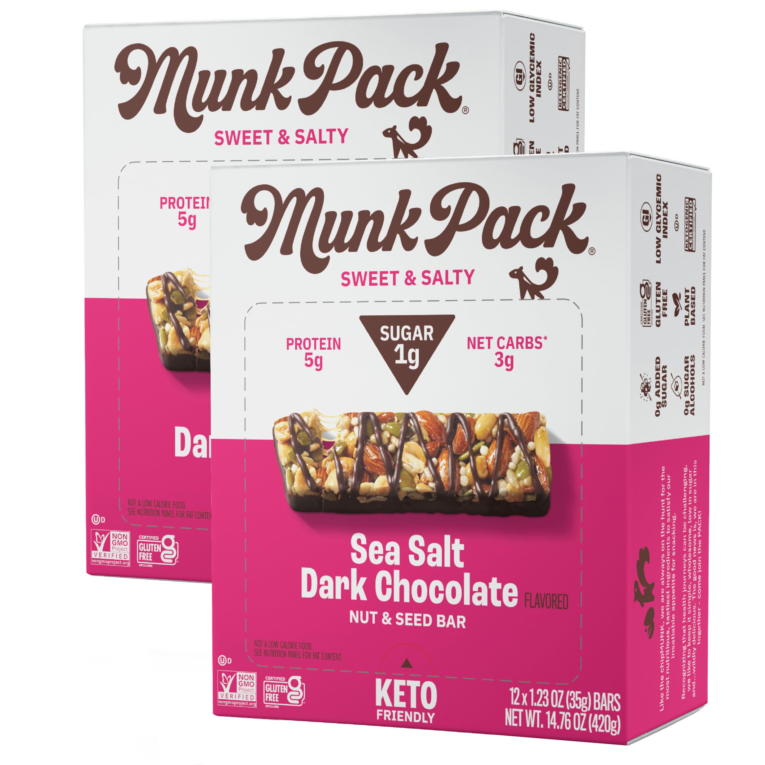 Munk Pack Nut & Seed Bar Sea Salt Dark Chocolate - 1g Sugar, Low Carb & Keto, 5g Protein - Gluten Free, Plant Based, Zero Added Sugar - Sweet & Salty Breakfast & Snack Bars, 24 Count