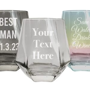 Customizable 11.5 Oz Etched Stemless Diamond Shaped Stemless Wine Glass Engraved Personalized with Message, Iridescent Modern Rainbow Geometric Rocks Whiskey Glass, Craft Cocktail Glass (Single)