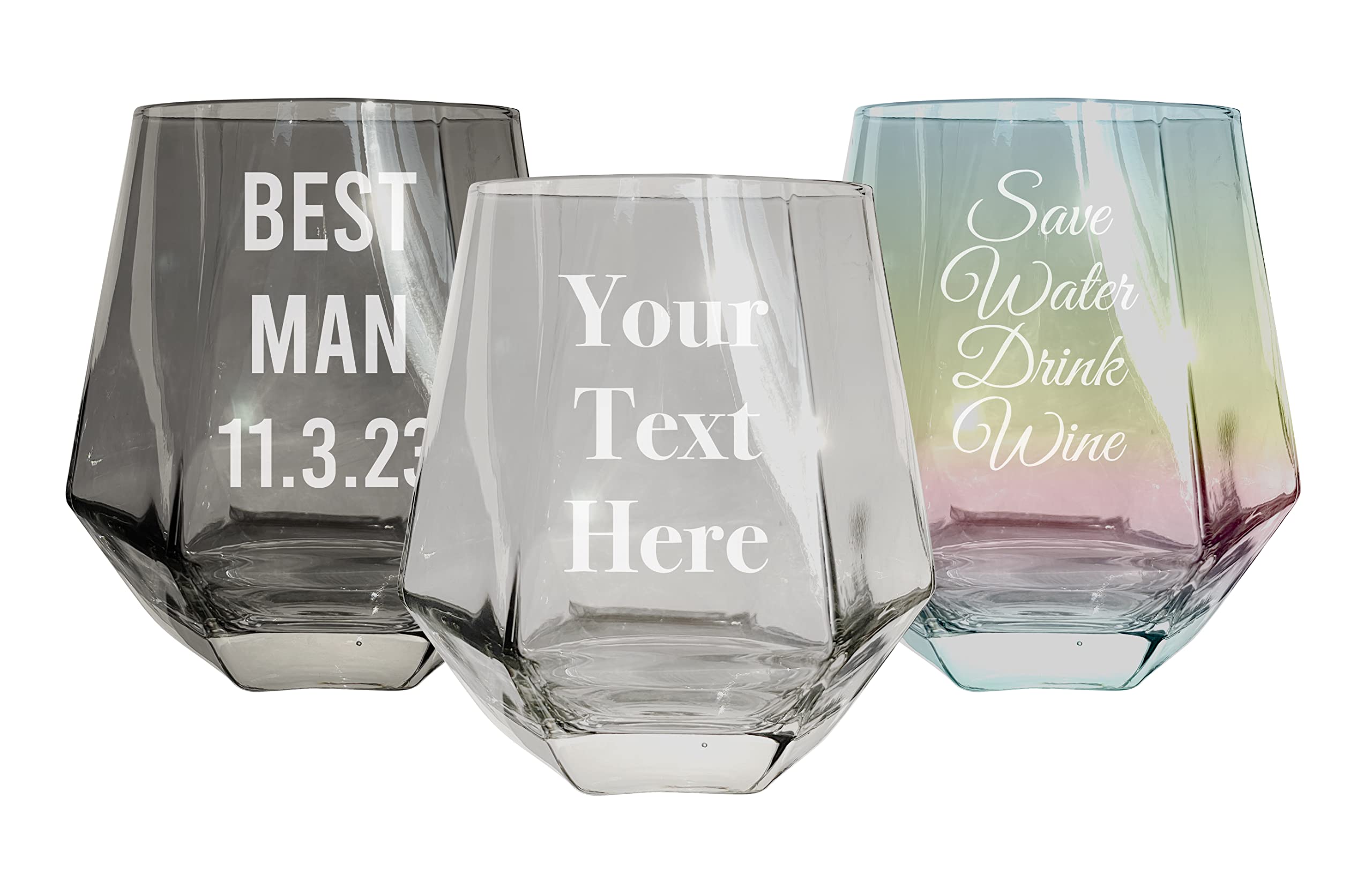 Customizable 11.5 Oz Etched Stemless Diamond Shaped Stemless Wine Glass Engraved Personalized with Message, Iridescent Modern Rainbow Geometric Rocks Whiskey Glass, Craft Cocktail Glass (Single)