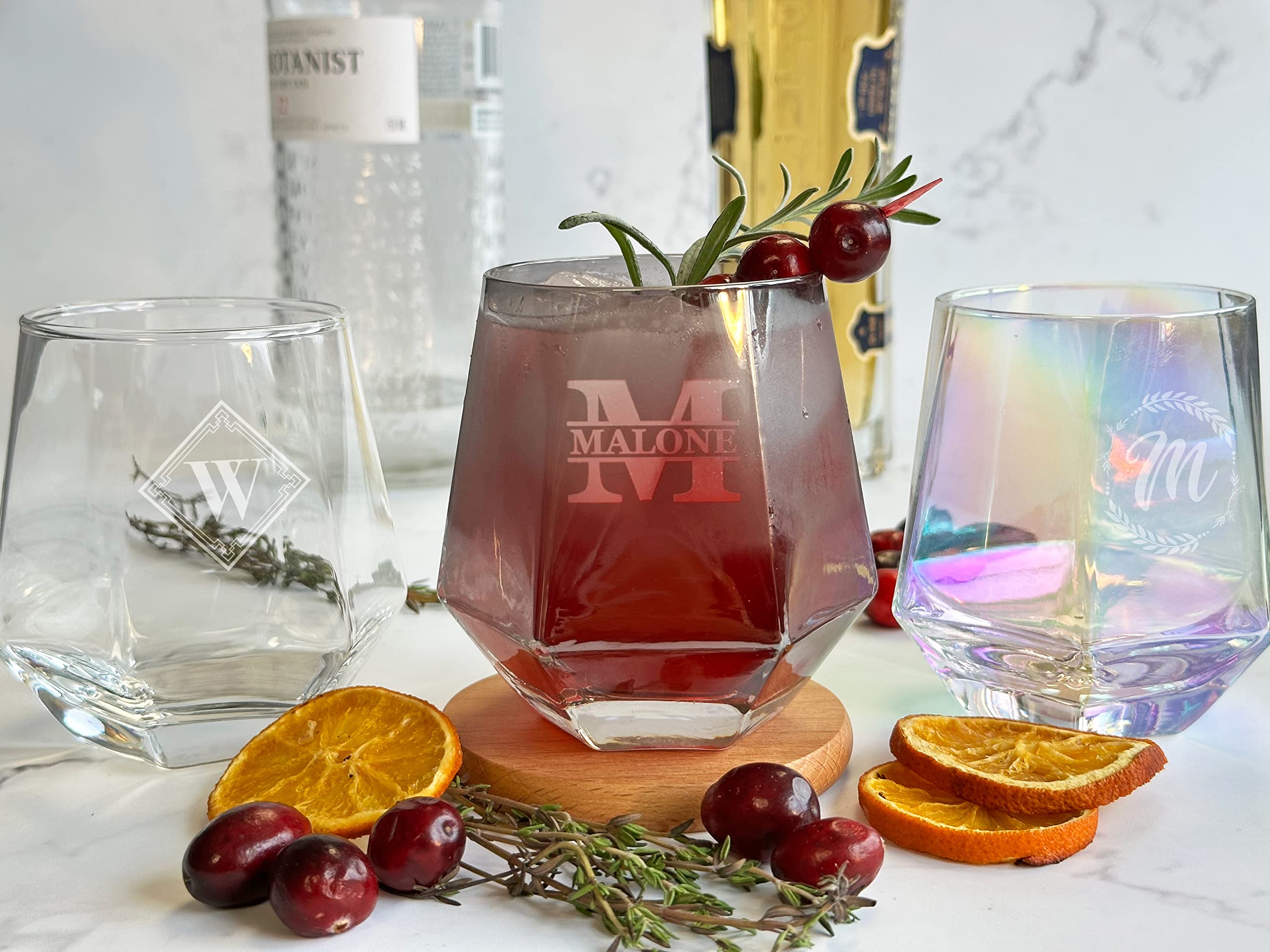 Customizable 11.5 Oz Etched Stemless Diamond Shaped Stemless Wine Glass Engraved Personalized with Message, Iridescent Modern Rainbow Geometric Rocks Whiskey Glass, Craft Cocktail Glass (Single)