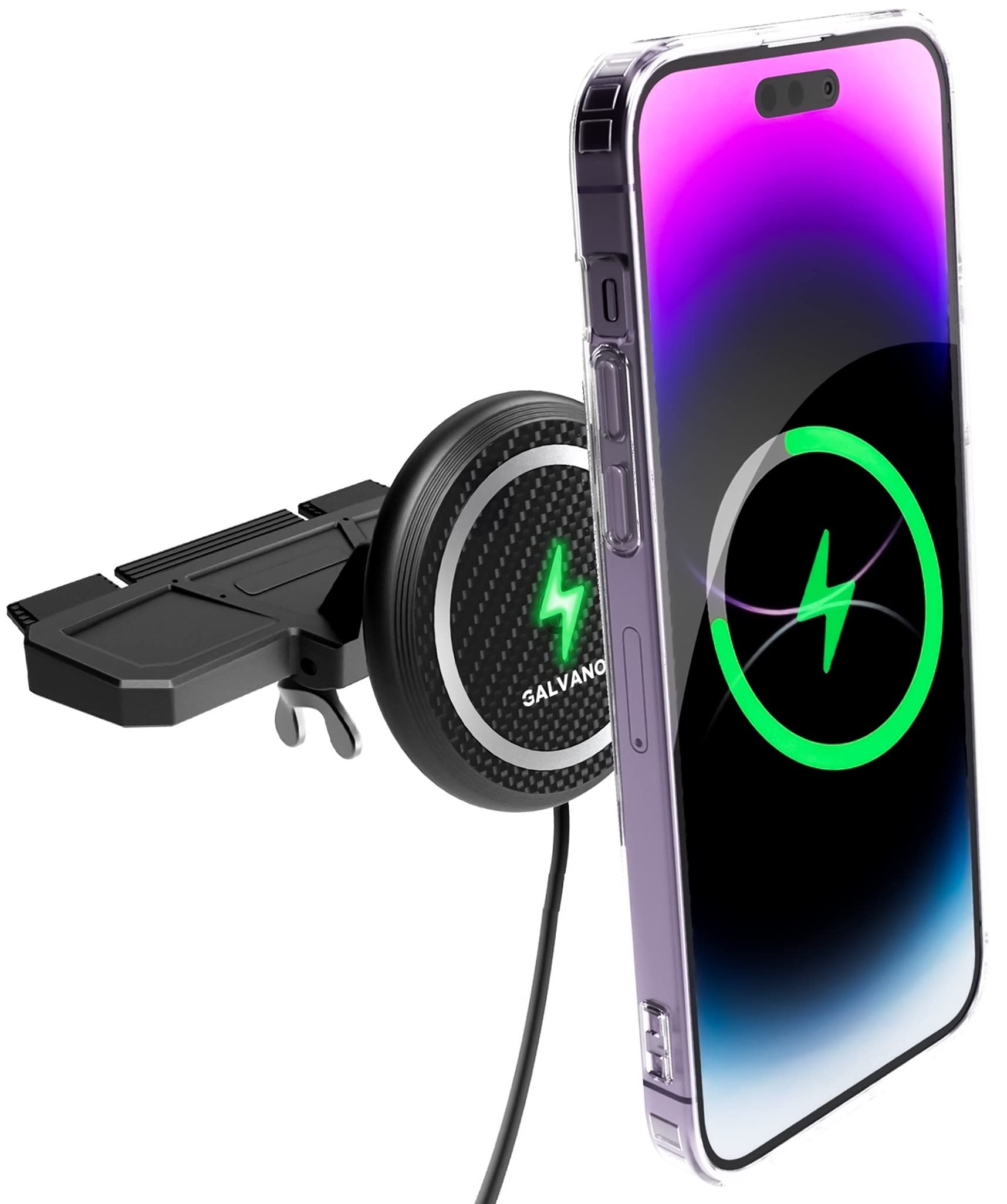 Galvanox Wireless Charging Car CD Slot Phone Holder - Magnetic Mount Charger with Secure CD-Player Attachment - Compatible with MagSafe