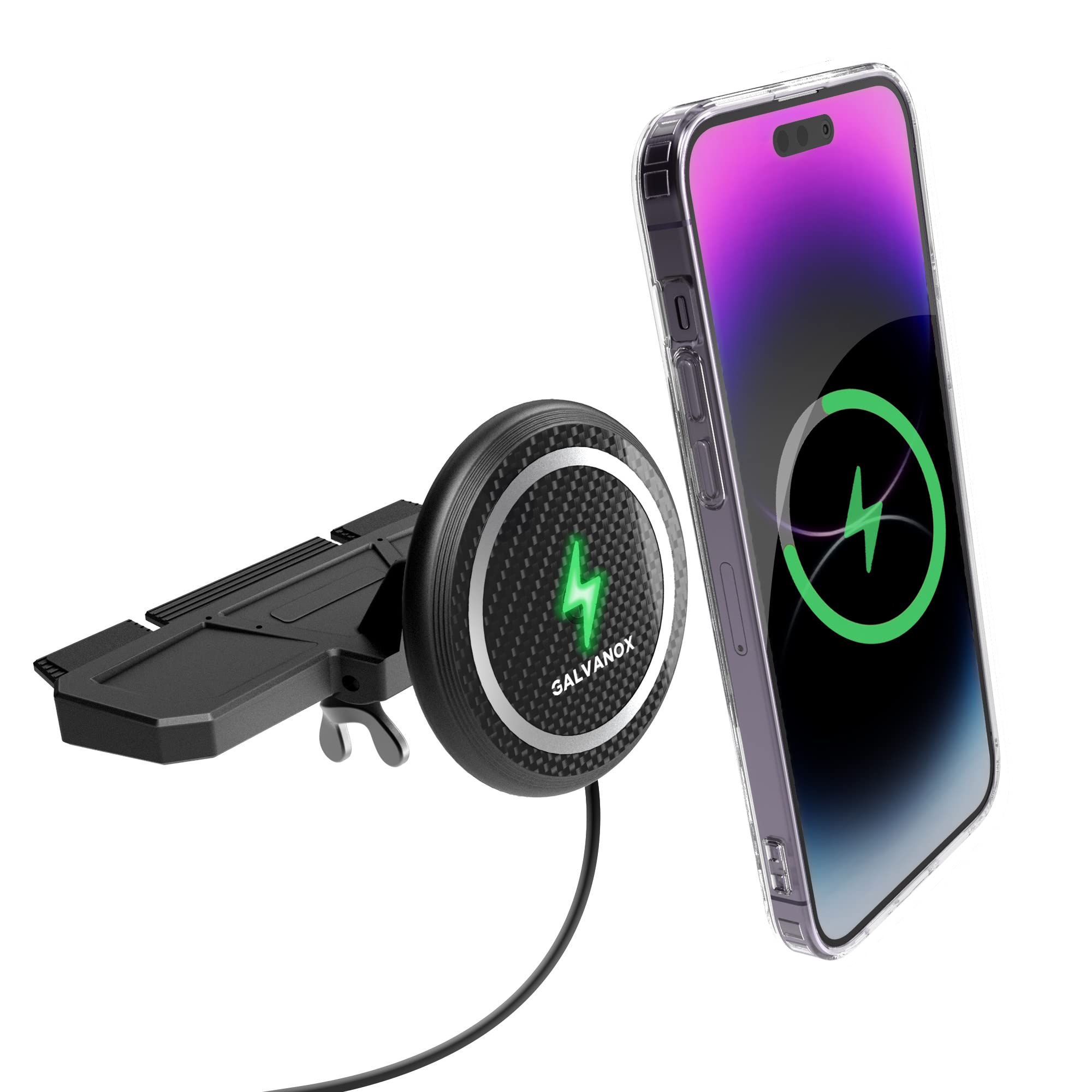 Galvanox Wireless Charging Car CD Slot Phone Holder - Magnetic Mount Charger with Secure CD-Player Attachment - Compatible with MagSafe