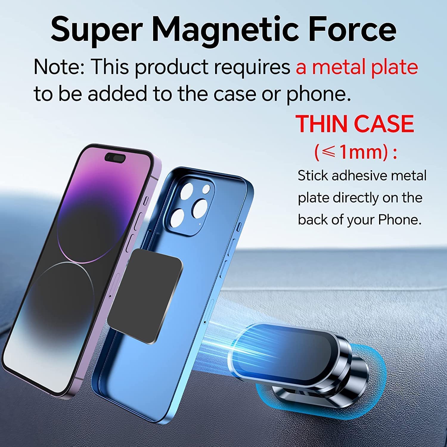 【2-Pack】 Magnetic Phone Holder for car, [ Super Strong Magnet][ with 4 Metal Plate ] iPhone Magnetic CarMount for Cell Phone, [ 360° Rotation ] Universal Dashboard Adhesive Car Magnetic Phone Mount