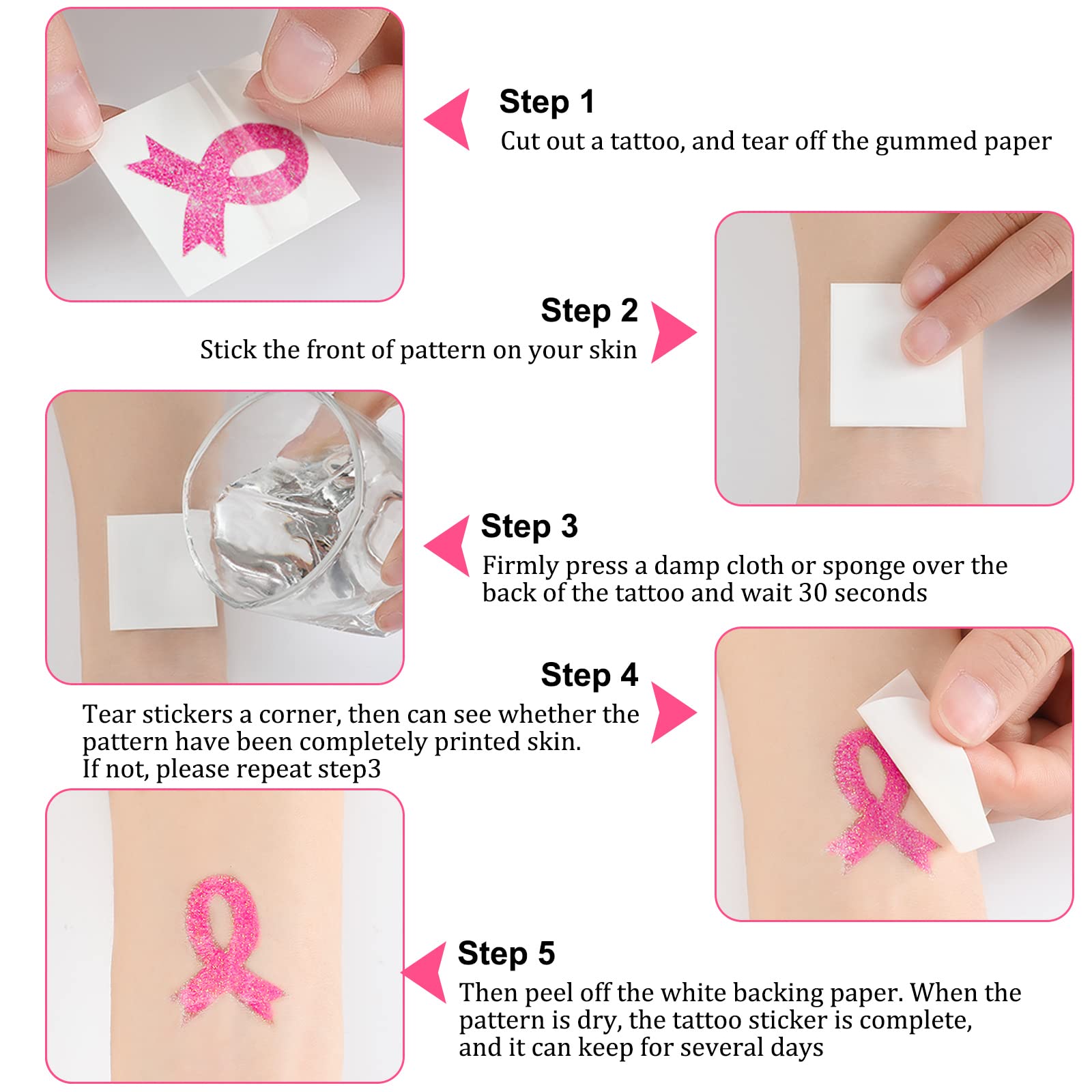 Jutom Breast Cancer Awareness Temporary Tattoos, 20 Sheets, Dark Pink, Waterproof, Sufficient Quantities