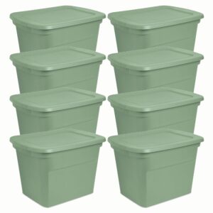 sterilite 18 gal storage tote, stackable bin with lid, plastic container to organize clothes in closet, basement, crisp green base and lid, 8-pack