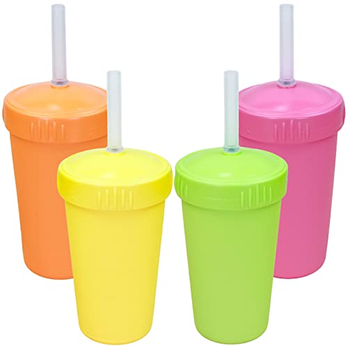 Re-Play Made In USA 10 oz. Straw Cups with Silicone Locking Straws - Made from Heavyweight Recycled Milk Jugs - Citrus - Pack of 4