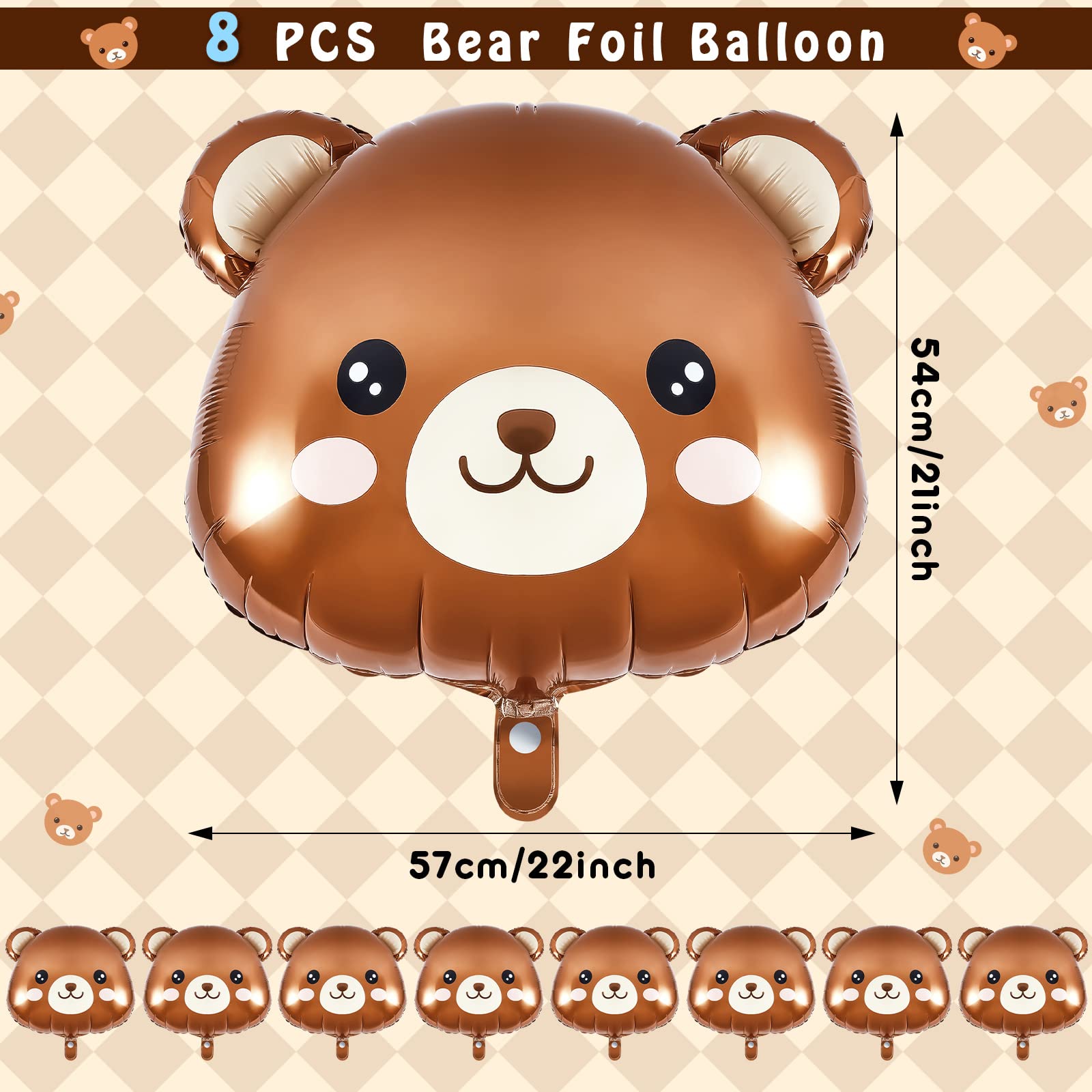 8 Pcs Bear Balloons 21x22 Inch Bear Shaped Animal Balloons Bear Baby Shower Decorations Helium Brown Bear Foil Balloons Bear Head Balloon for Jungle Woodland Animal Farm Safari Theme Party Decoration