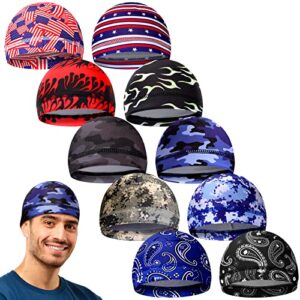 tarpop 10 pcs men cooling skull caps welding caps hard helmet liner cycling skull caps wicking beanie do rag head wrap(novelty style) multicolor