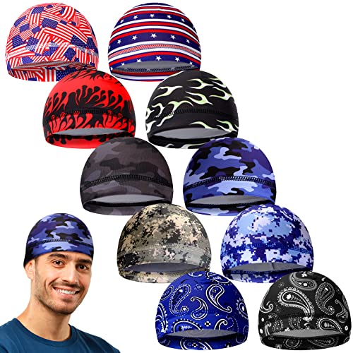 Tarpop 10 Pcs Men Cooling Skull Caps Welding Caps Hard Helmet Liner Cycling Skull Caps Wicking Beanie Do Rag Head Wrap(Novelty Style) Multicolor