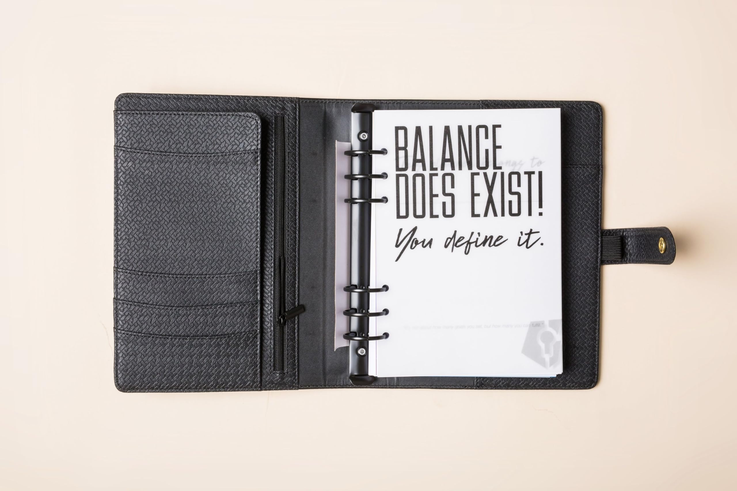 Ambition LTD Black Key Agenda, Woven A5 (5.8 x 8.3") sized planner, organizational tool, Black Matte 6 ring binder, Vegan Leather